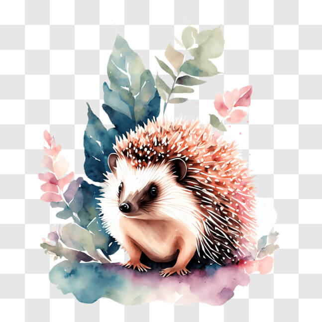 Download Hedgehog on Leaves and Flowers - Watercolor Illustration PNGs ...