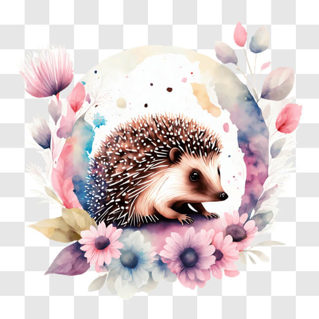 Download Watercolor Illustration of Hedgehog in Colorful Floral Setting ...