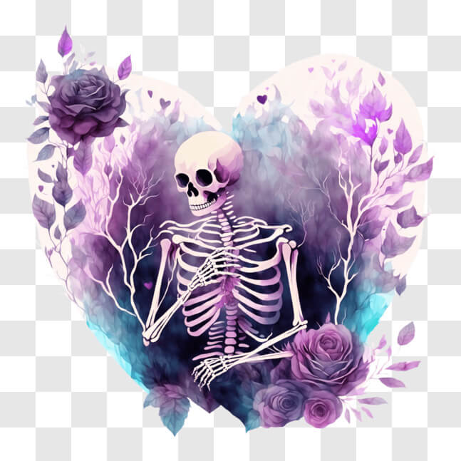 Download Skeleton in Heart-Shaped Frame with Purple Roses PNGs Online ...