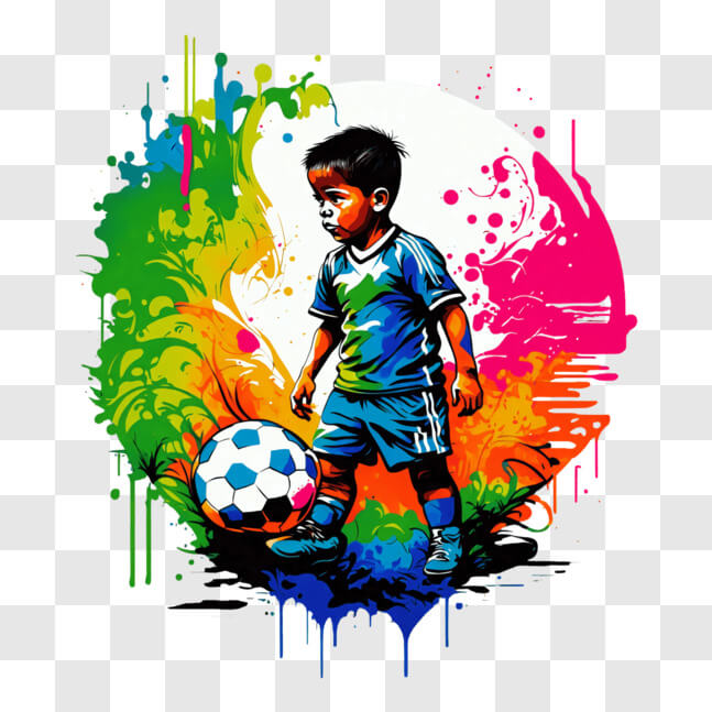 Download Young Boy Playing Soccer with Colorful Paint Splatters PNGs ...
