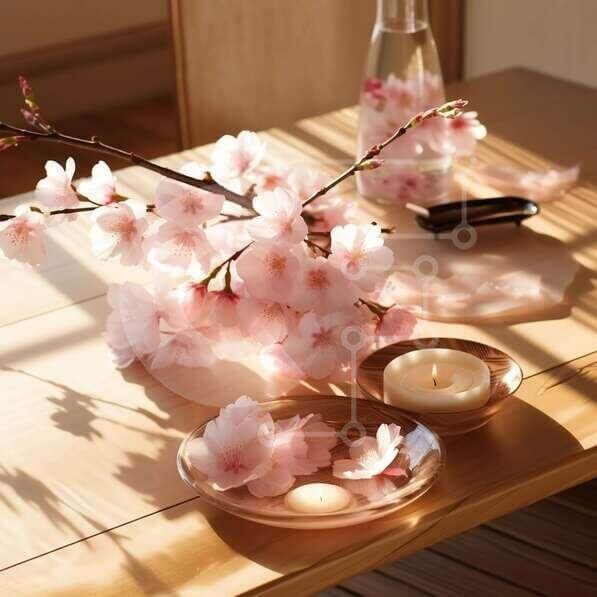 Cherry Blossom Table Decor with Candlesticks stock photo | Creative Fabrica