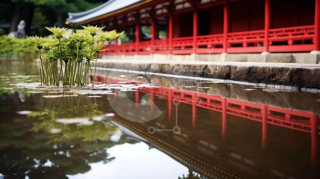 Red Building Reflection - Ornamental Garden or Pond stock photo ...