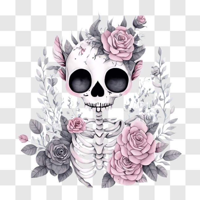 Download Skeleton with Pink Roses and Flowers Art Print PNGs Online ...