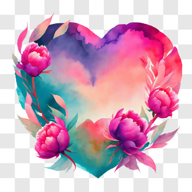 Download Heart-shaped Watercolor Painting with Pink Flowers PNGs Online ...