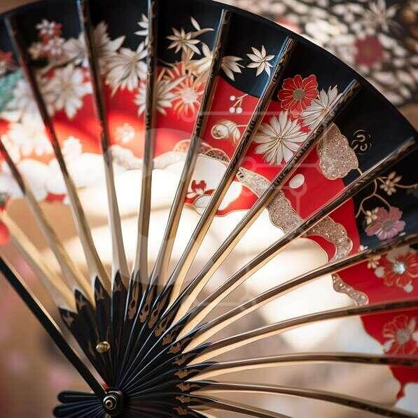 Intricate Black, Red, and White Fan with Floral Designs stock photo ...