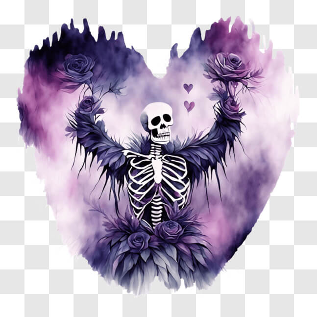 Download Skeleton in front of heart-shaped painting with flowers and ...