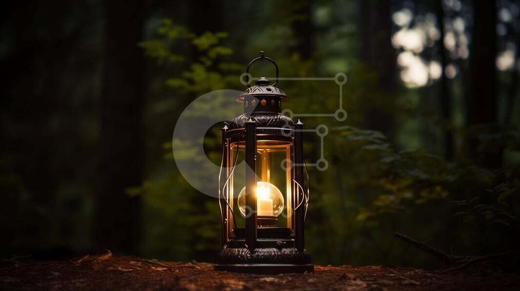 Old-fashioned Lantern in the Woods stock photo | Creative Fabrica