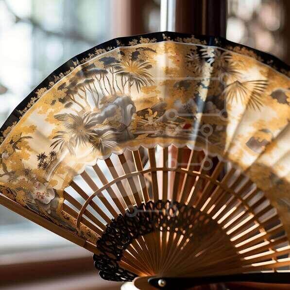 Black and Gold Fan on Wooden Stand stock photo | Creative Fabrica