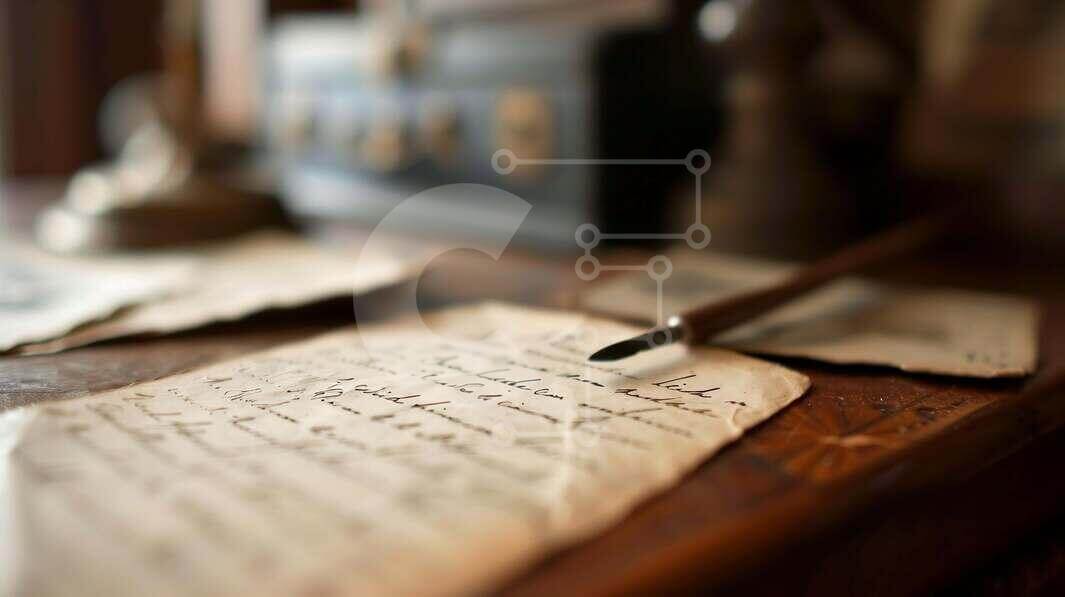 Old Writing Paper and Pen on a Desk stock photo | Creative Fabrica
