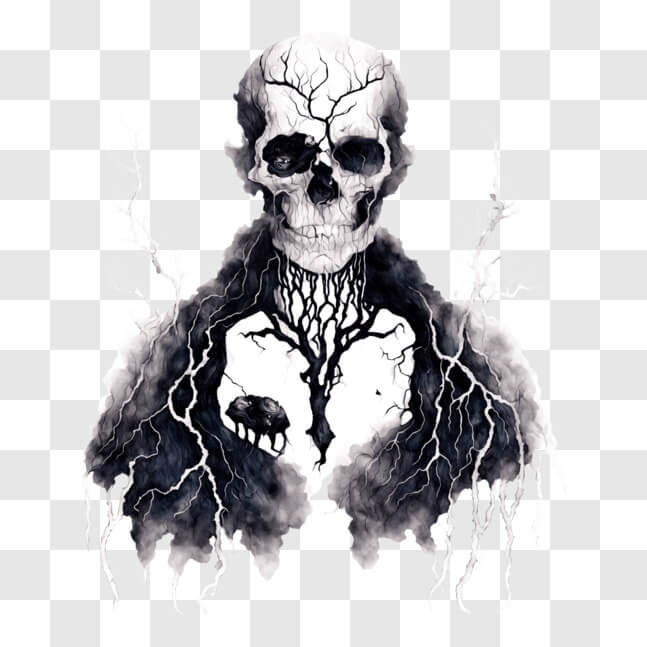 Download Black and white skull with thorns and trees in the background ...