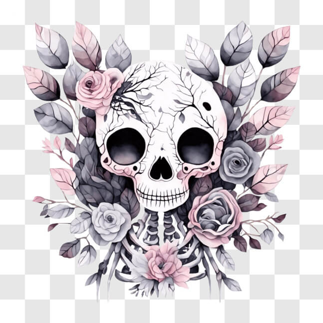 Download Skull with Pink Roses and Leaves Art Print PNGs Online ...