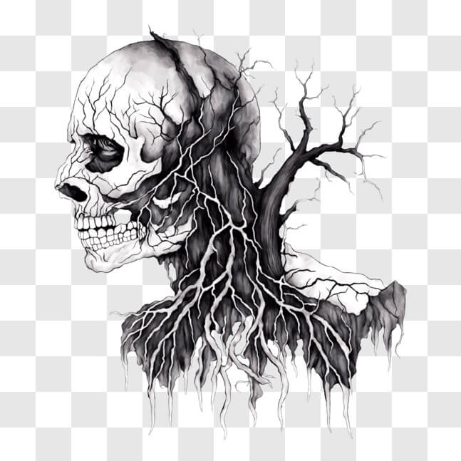 Download Black and White Skull with Tree Roots PNGs Online - Creative ...