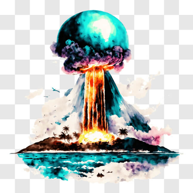 Download Nuclear explosion on an island with trees and mountains in the ...