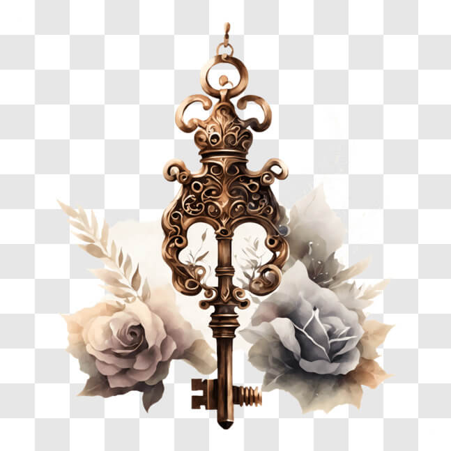 Download Ornate Key with Roses and Flowers on Black Background PNGs ...
