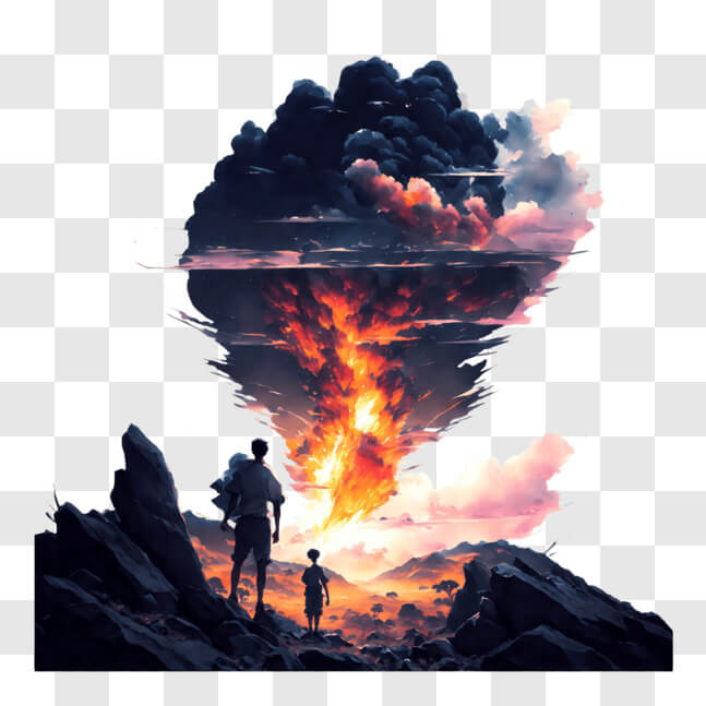 Download Couple standing on a mountain peak with explosion in the ...