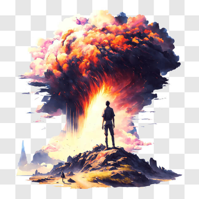 Download Man Standing on Hill Looking at Explosion PNGs Online ...