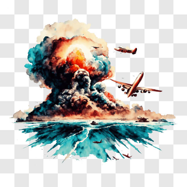 Download Explosive scene with airplane flying over the ocean PNGs ...
