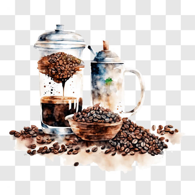 Download Coffee Beans Watercolor Painting with Espresso Machine PNGs ...