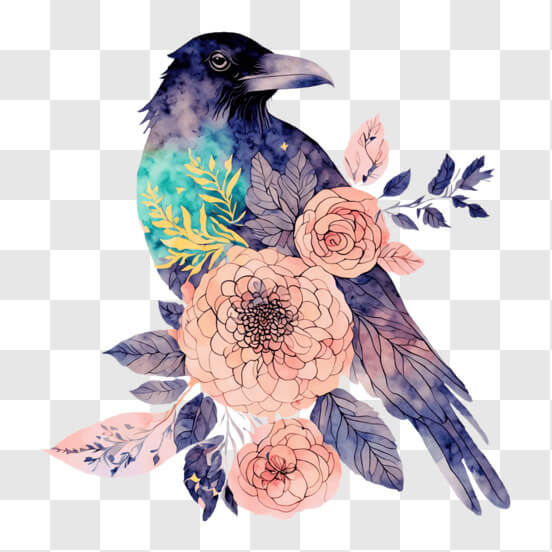 Download Raven on Colorful Flowers and Leaves PNGs Online - Creative ...