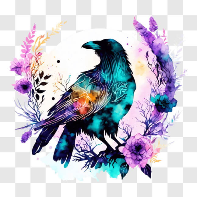 Download Raven in front of the full moon with purple flowers and leaves ...