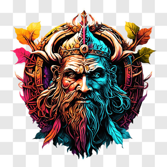 Download Colorful Viking or Odin Illustration with Beard and Leaves ...