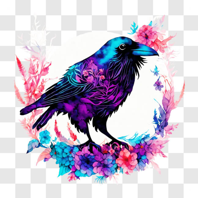 Download Black Raven Standing on Colorful Flowers with Ivy PNGs Online ...