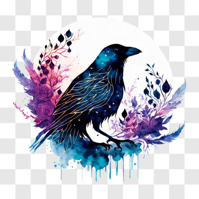 Download Black Raven on the Moon with Purple and Blue Flowers PNGs ...
