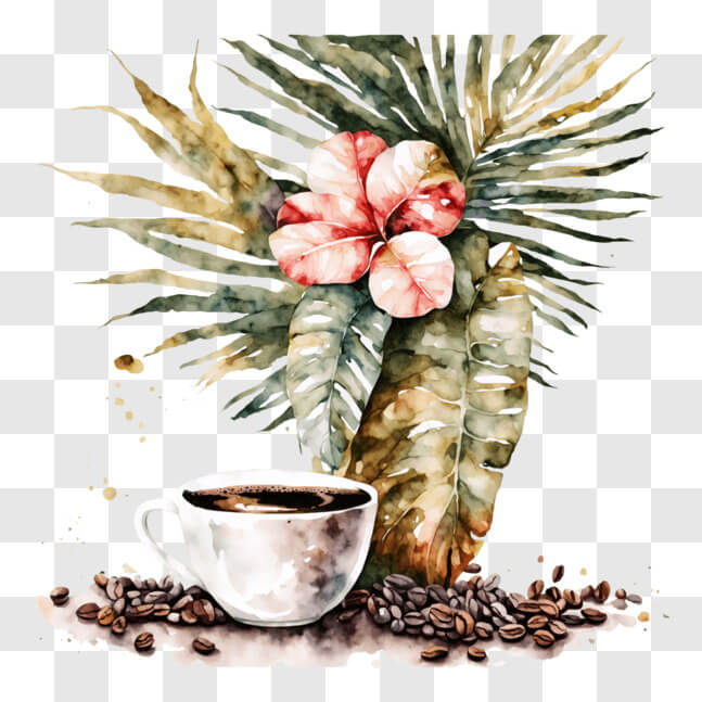 Download Coffee Cup with Flowers and Coffee Beans PNGs Online ...