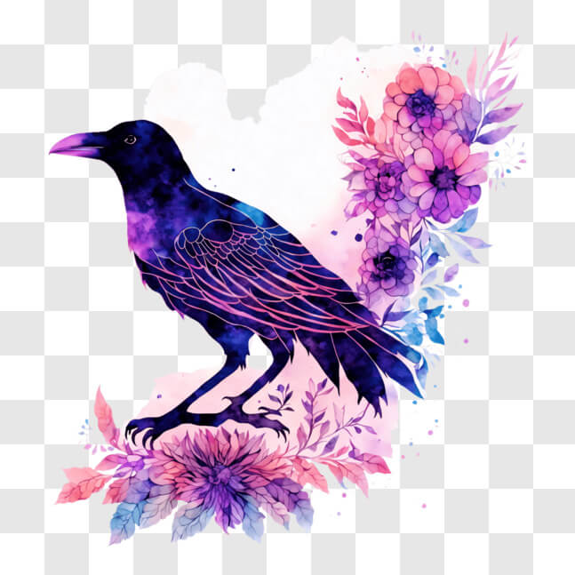 Download Black and Purple Crow on Colorful Flowers and Leaves PNGs ...