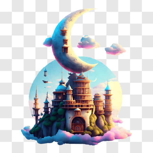 Download Castle on Clouds with Crescent Moon Illustration PNGs Online ...