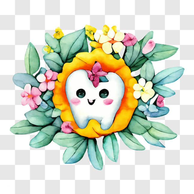 Download Cute smiling tooth surrounded by flowers and leaves PNGs ...