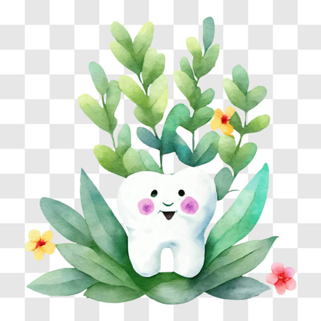Download Cartoon Tooth surrounded by Green Leaves and Flowers PNGs ...