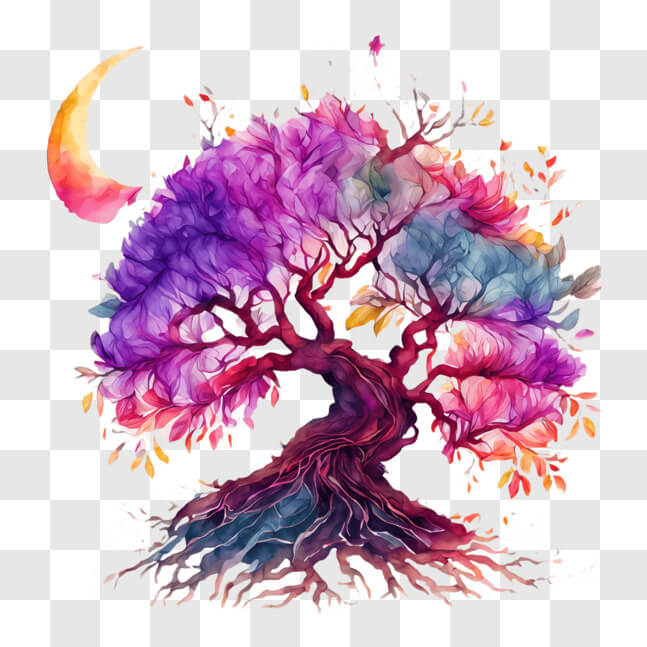 Download Watercolor Tree with Colorful Roots and Crescent Moon PNGs ...