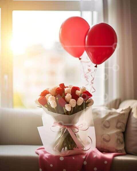 Romantic Red Roses and Balloons on a Cozy Couch stock photo | Creative ...