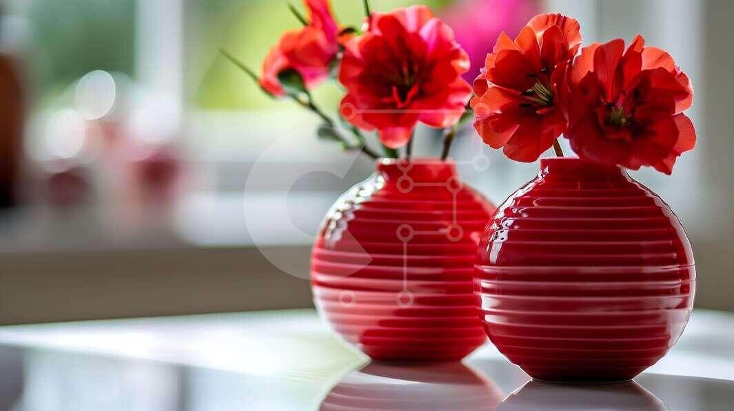 Red Vases with Flowers on White Table stock photo | Creative Fabrica