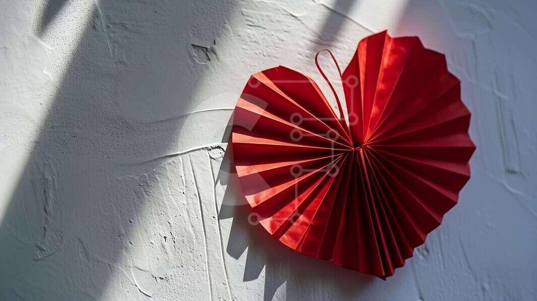 Red Heart-Shaped Paper Cutout on Wall stock photo | Creative Fabrica