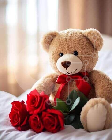 Romantic Teddy Bear with Red Roses on Bed stock photo | Creative Fabrica