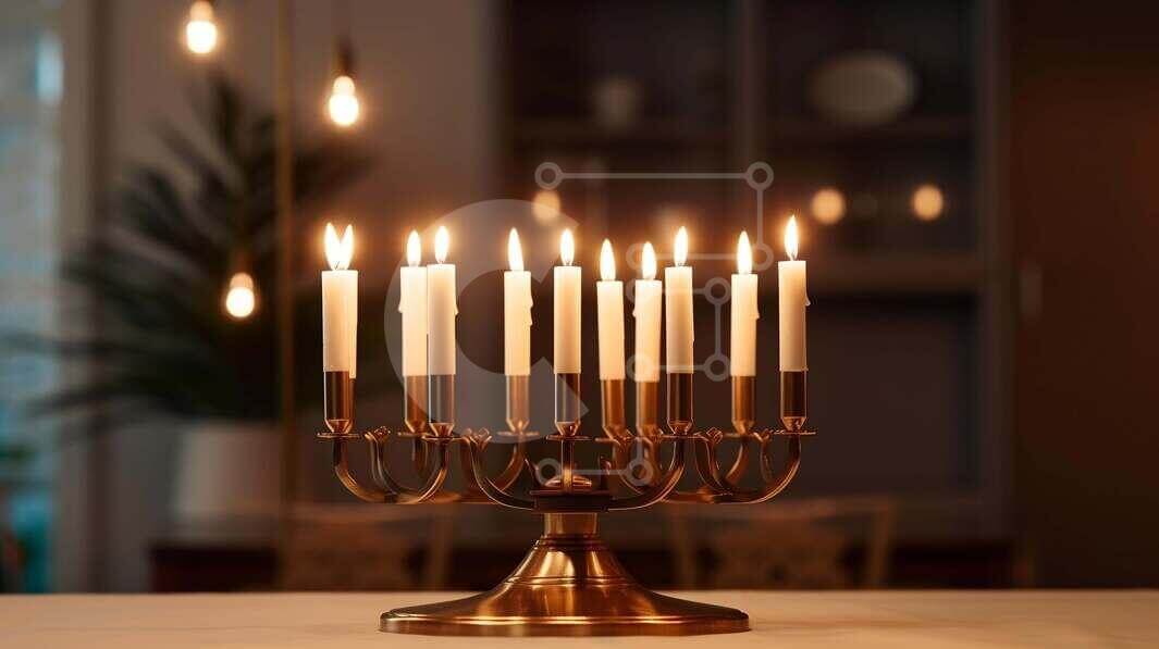 Brass Menorah on a Festive Table stock photo | Creative Fabrica