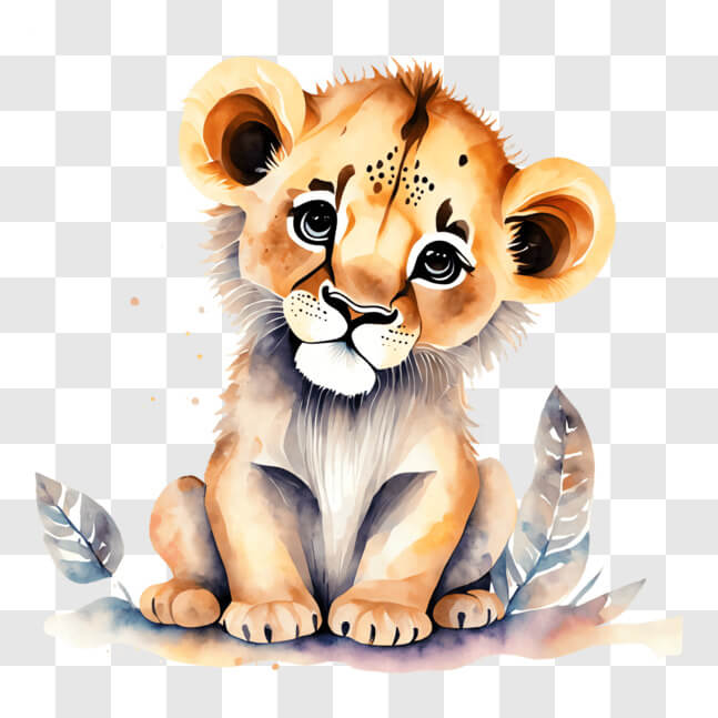 Download Cute Lion Cub Sitting on Leaves PNGs Online - Creative Fabrica