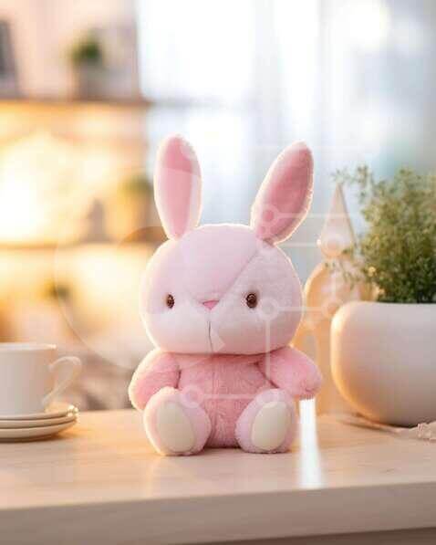 Pink Bunny Stuffed Animal on Wooden Table stock photo | Creative Fabrica