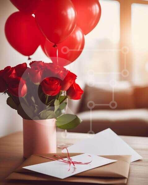 Romantic Valentine's Day Bouquet with Red Roses and Balloons stock ...