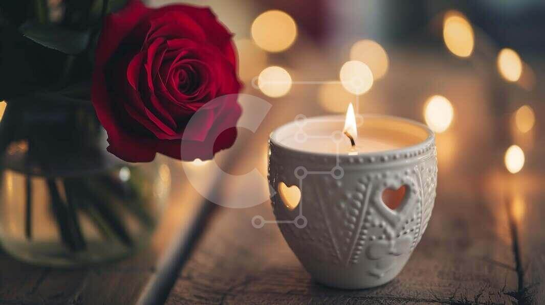 Romantic Setting with Red Rose and Candle stock photo | Creative Fabrica