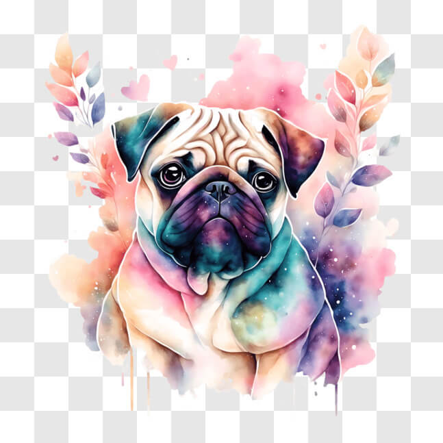 Download Watercolor Pug Dog Painting with Flowers and Leaves Background ...