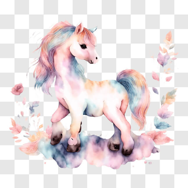 Download Watercolor Unicorn surrounded by colorful flowers and leaves ...