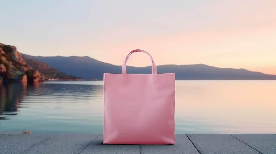 Download Pink Shopping Bag on Wooden Deck Overlooking Ocean and ...