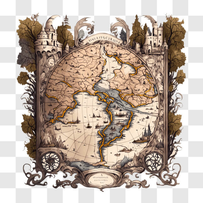 Download Ornate World Map with Cities and Landmarks PNGs Online ...