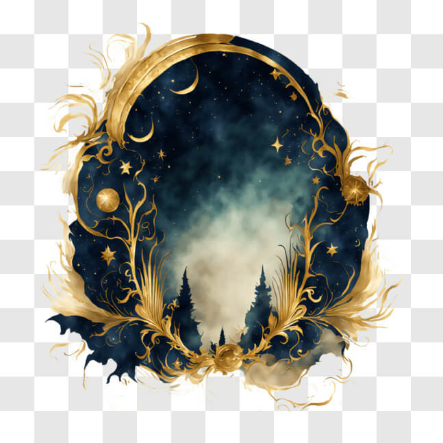 Download Blue and Gold Frame with Flowers, Trees, Moons, and Stars PNGs ...