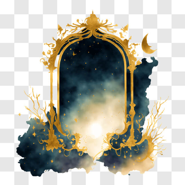 Download Fantasy-Inspired Ornate Gold Frame with Moon, Stars, and Trees ...