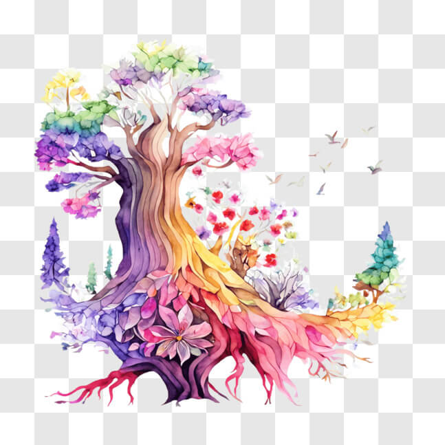 Download Abstract Tree with Colorful Roots, Flowers, and Birds PNGs ...