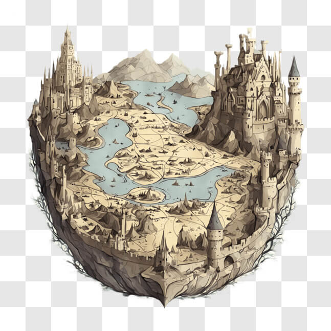 Download Fantasy World Illustration with Castles and Rivers PNGs Online ...